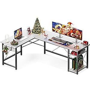 Coleshome L Shaped Computer Desk 66" with Storage Shelves, Corner Gaming Desk, Sturdy Writing Desk Workstation, Modern Wooden Office Desk, Wood & Metal, White