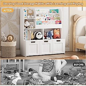 GarveeHome Large Toy Storage Organizer with 3 Movable Drawers,Kid's Bookshelf with 4 Storage Cubbies and 4 Layer Sling Bookcase,Toy Chest for Kids Room,Playroom,Classroom,Nursery, White