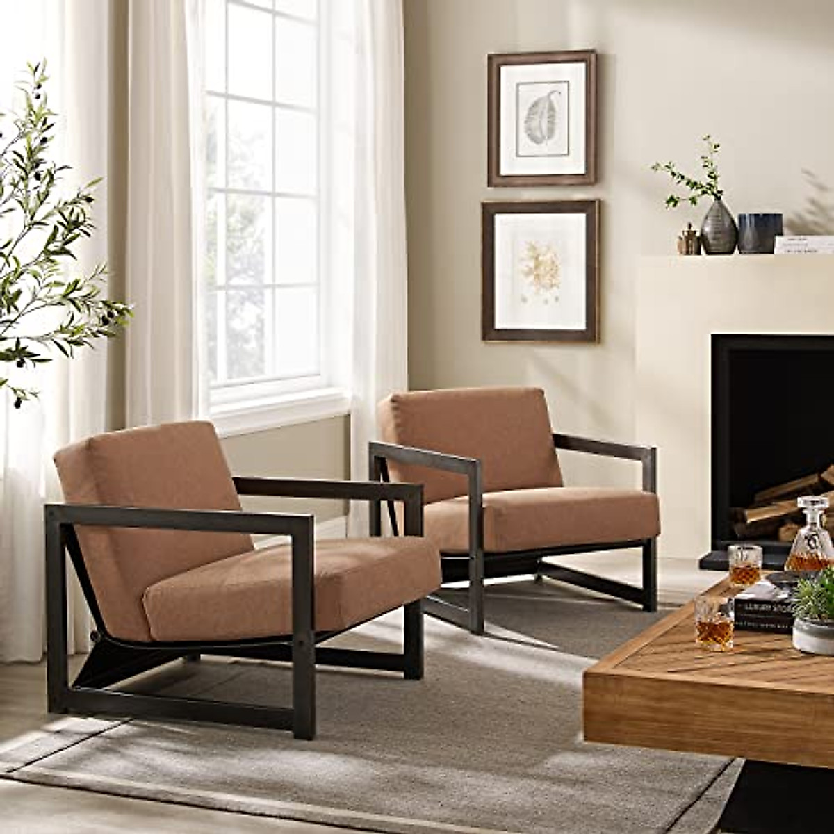 Art Leon Faux Leather Accent Chairs, Set of 2, Mid Century Modern Arm Chairs with Black Metal Frame, Single Sofa Lounge Chairs for Small Space Living Room Bedroom, Orange