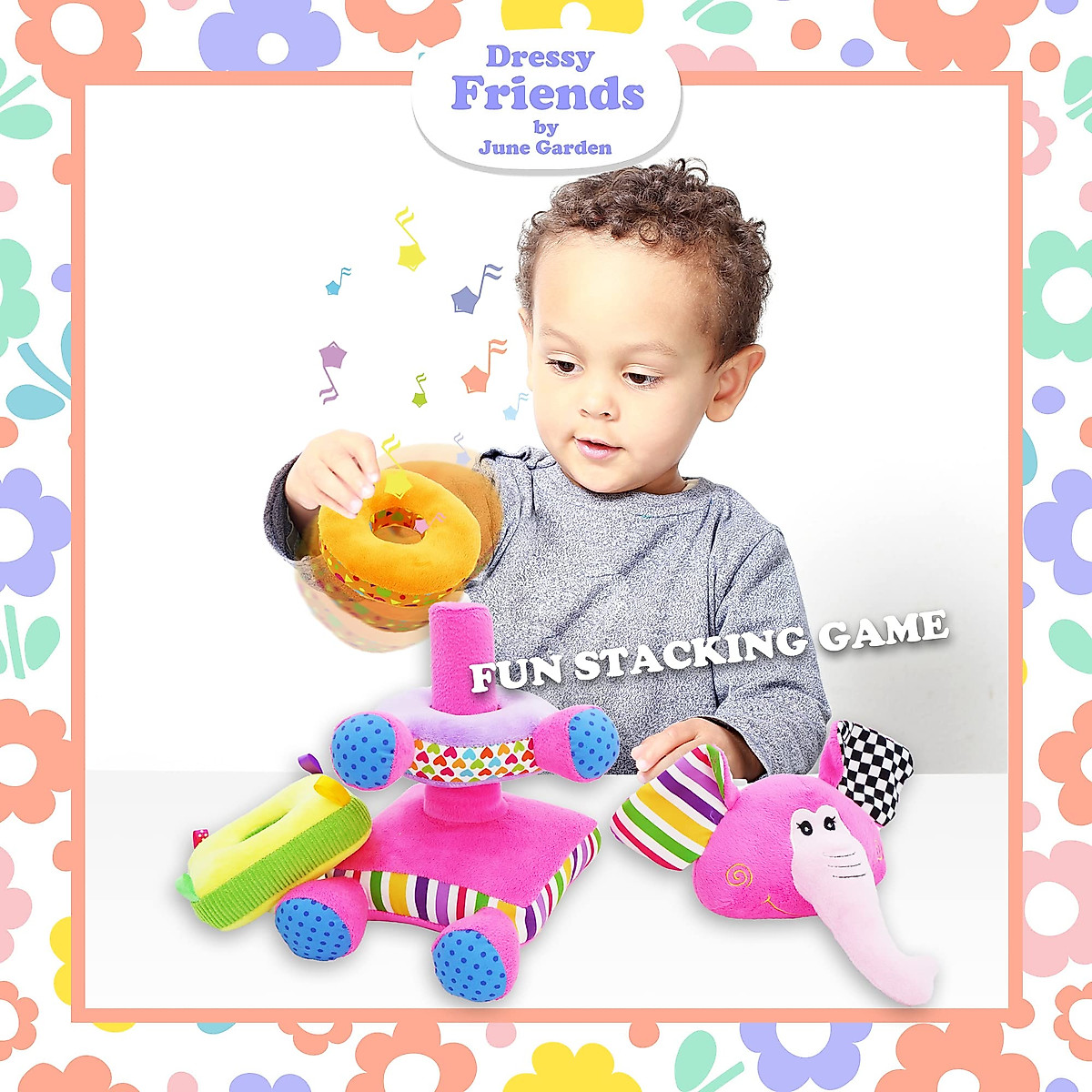 June Garden 11" Soft Stacking Rings Toy - Educational Stuffed Plush Elephant Sensory Development Rattles - Montessori Activity Sensory Learning Toy - 6 Months and Up