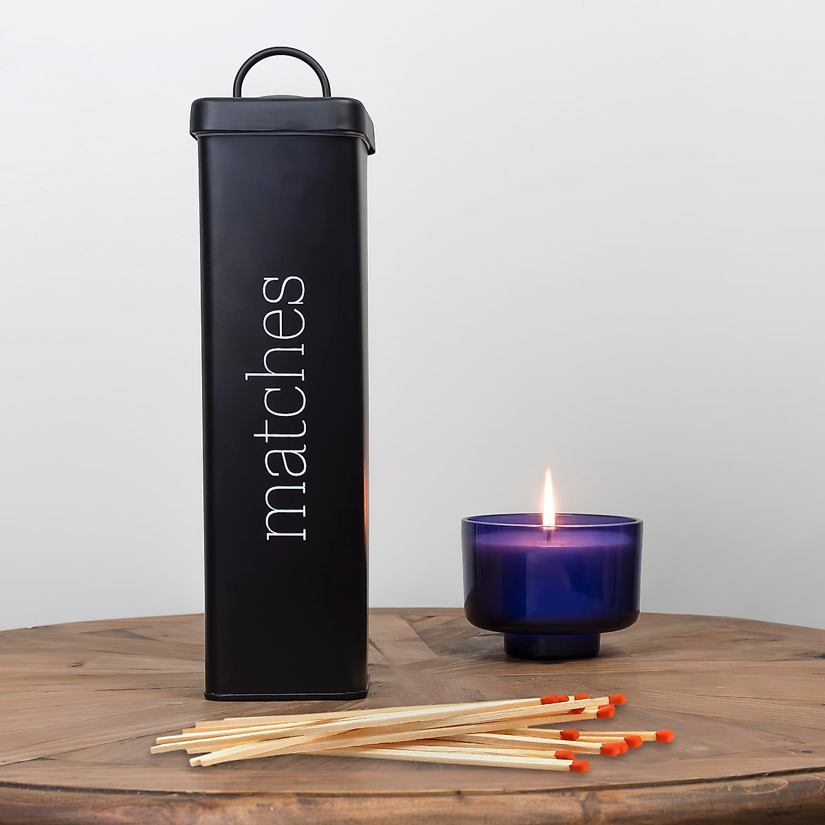 AuldHome Design Enamelware Fireplace Matches Holder (Black), Farmhouse Storage Container for Long Safety Matches