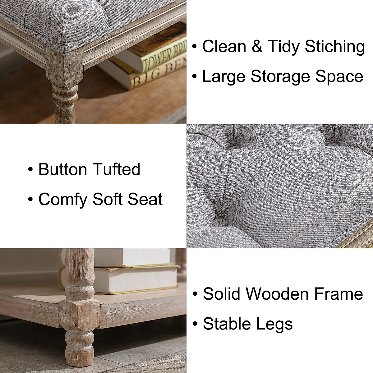 chairus Storage Bench 31.5" W Button Tufted Small Entryway Bench with Wooden Shoes Rack End of Bed Bench with Fabric Linen Upholstered Rectangular Seat for Bedroom Hallway Small Space, Grey