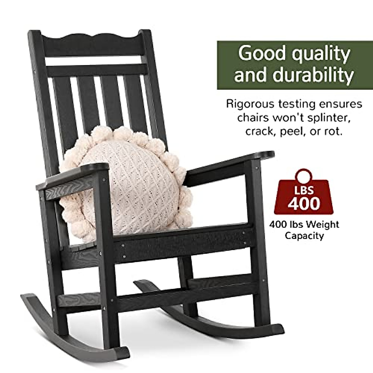 Stoog All-Weather Outdoor Rocking Chairs, Porch Rocker with 400 lbs Weight Capacity, Rocking Chars for Porch, Backyard, Fire Pit, Lawn, Garden and Indoor, Black