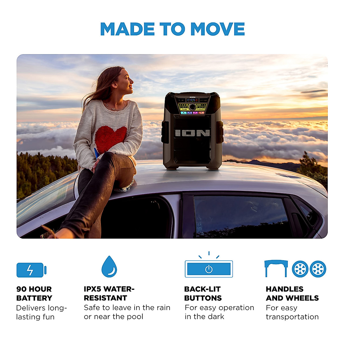 ION Block Rocker XL - Portable Bluetooth Outdoor Party Speaker, 220W, with Karaoke Microphone, Battery, 5 Speakers, Lights, Radio, USB Charging & App