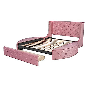 GERDIOEB Queen Upholstered Platform Bed with Wingback Headboard and 1 Large Drawer, Velvet Platform Mattress Foundation, 2 Side Storage Benches Queen Size Bed (Pink)