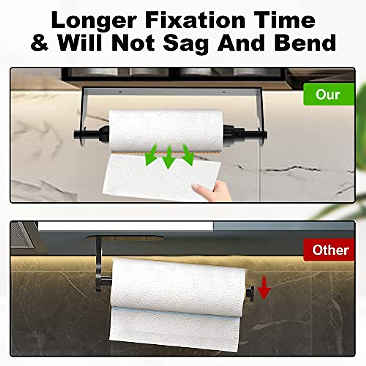 Paper Towel Holder Under Cabinet, MYLOLF Single Hand Operable Wall Mount Paper Towel Rack with Damping Effect, Self-Adhesive or Drilling Screw Paper Towel Roll Holder for Kitchen, Bathroom (Black)