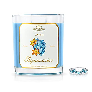 Fragrant Jewels Birthstone Candle with Ring Inside - Aquamarine March, Size 5 | Rhodium Plated Ring with 11oz Prize Candle | Surprise Candles with Jewelry | Vegan Candle Ring Present/Birthday Gift
