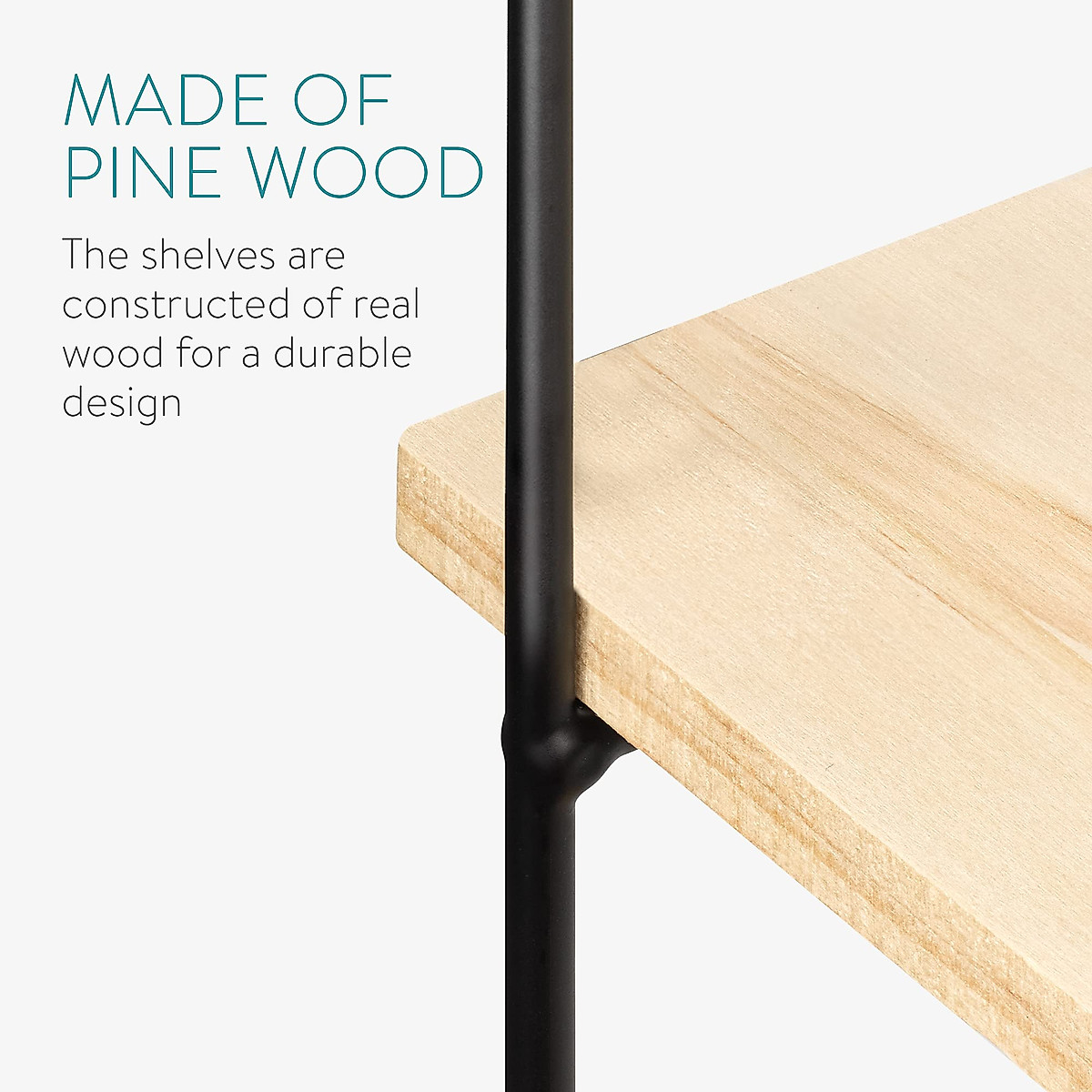 Navaris Wall Shelf Unit - Wall Mounted Hanging Pine Wood and Black Metal Shelves - 3-Shelf Shelving Unit for Bedroom Living Room Kitchen