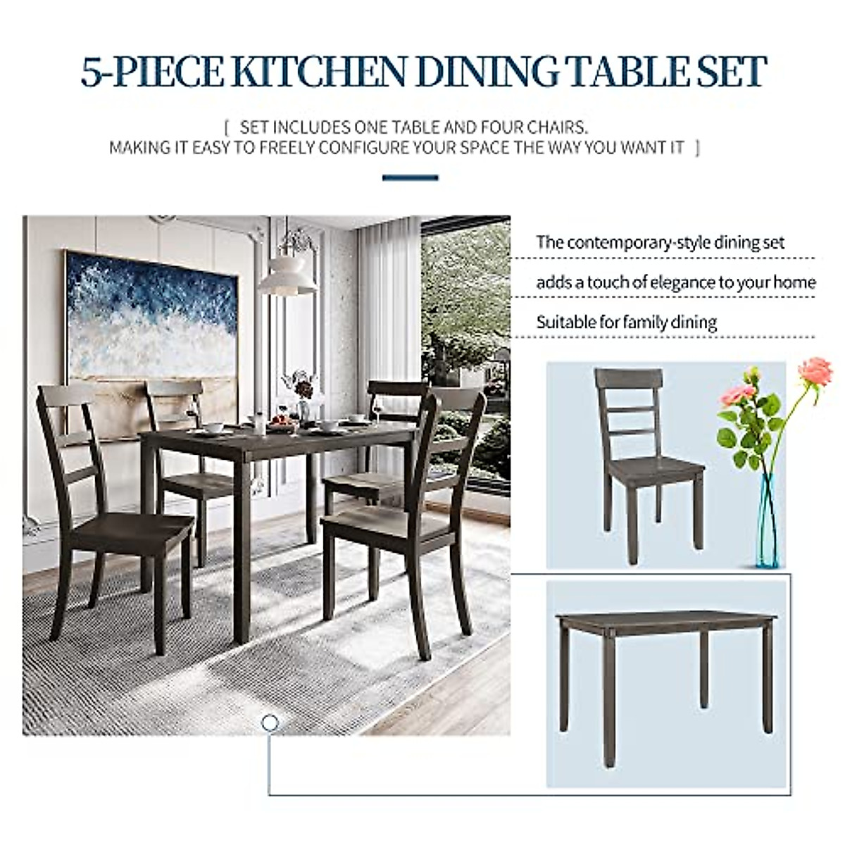 GLORHOME 5 Piece Kitchen Dining Set for 4, Farmhouse Style Rectangular Wood Table and Chairs for Family, Veneer Gray