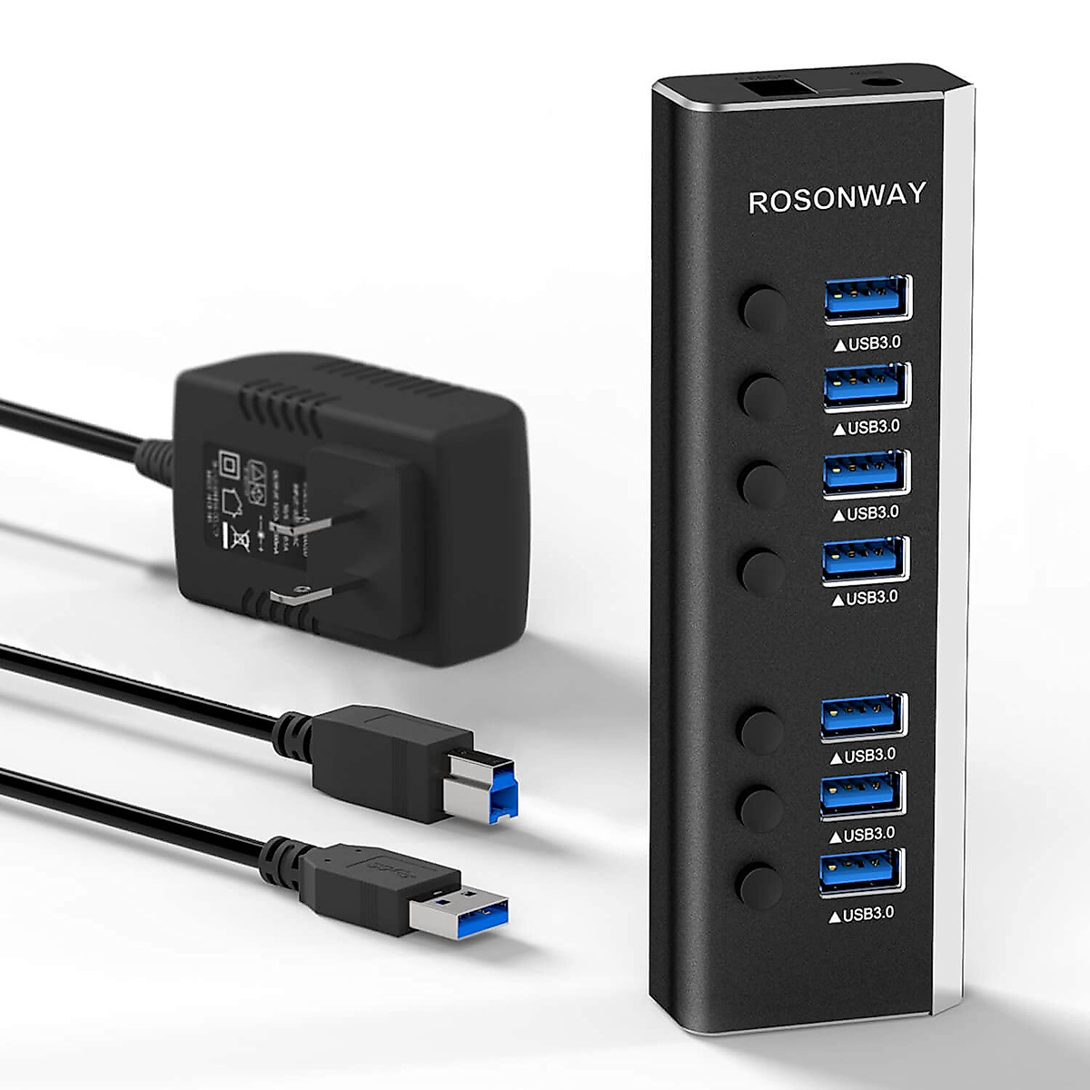USB Hub 3.0 Powered Rosonway Aluminum 7 Ports USB 3.0 Data Hub Splitter with 24W (12V/2A) Power Adapter and Individual On/Off Switches USB Port Expander for PC and Laptop (RSH-A37S)