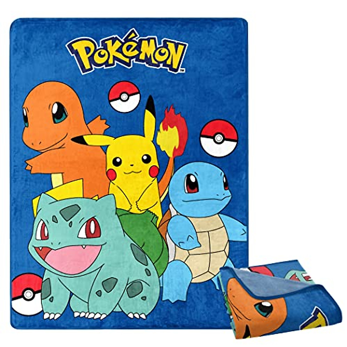 Pokemon Pikachu Fleece Throw Blanket Plush Throw - Pikachu Charmander Bulbasaur Pokeball Throw Blanket (Blue Group)