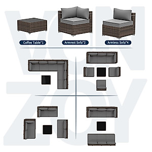 VONZOY Patio Furniture Set 7 Pieces Outdoor Sectional Rattan Sofa Set, PE Rattan Wicker Patio Conversation Set with 6 Seat Cushions and 1 Tempered Glass Table and Furniture Cover, Dark Grey