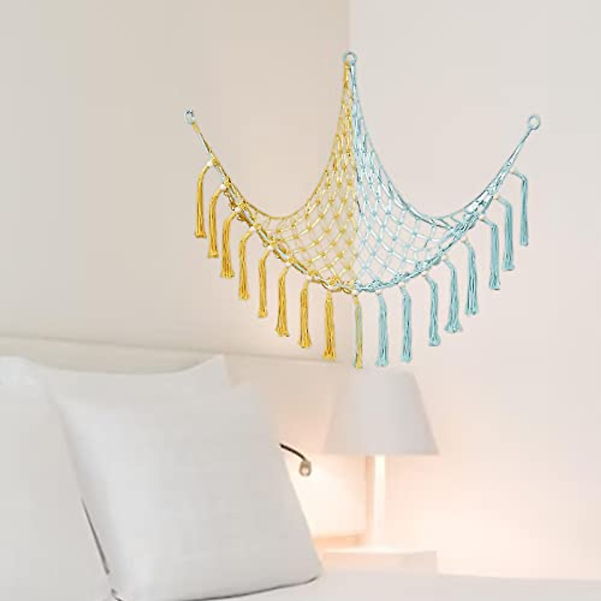 figatia Stuffed Animal Toy Storage Hammock, Macrame Room Corner Organizer Mesh Decoration, Hanging Storage Nets Kids Bedroom, Yellow and Blue, 100cmx100cmx130cm