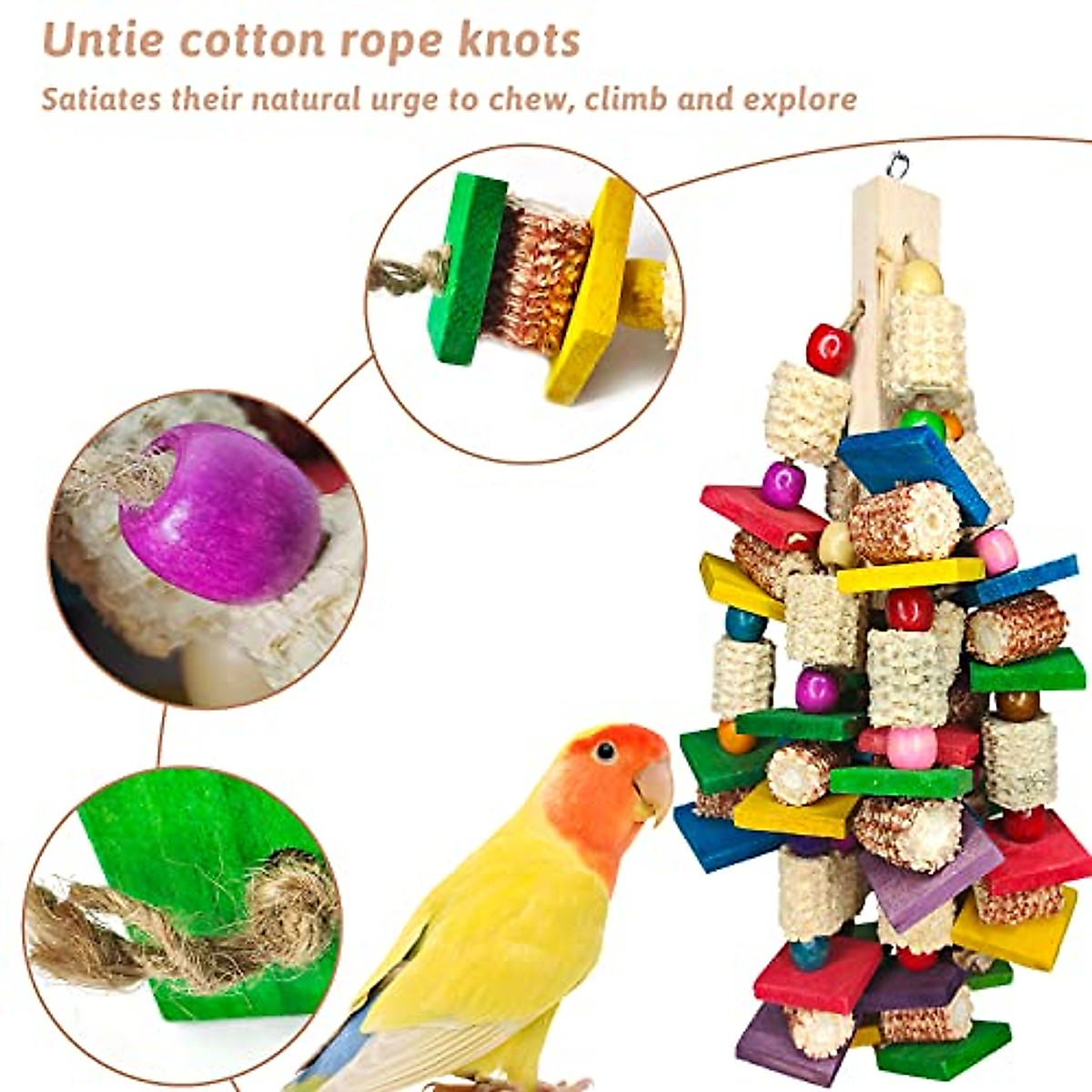 PINVNBY Large Bird Parrot Chewing Toy Parrot Cage Bite Toys Multiple Wood Blocks Bird Toy Natural Wooden Tearing Toy for Cockatoo African Grey Cockatiel Conure and Medium Parrot (Corn)
