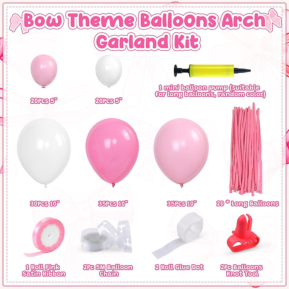 Pink Bow Balloon Arch Kit, 160 Pcs Pink Bow Balloons Garland with Long Balloons and Satin Ribbon for Bow Birthday Decor, Coquette Birthday Decortions, Bridal Shower, Bow Party Decorations