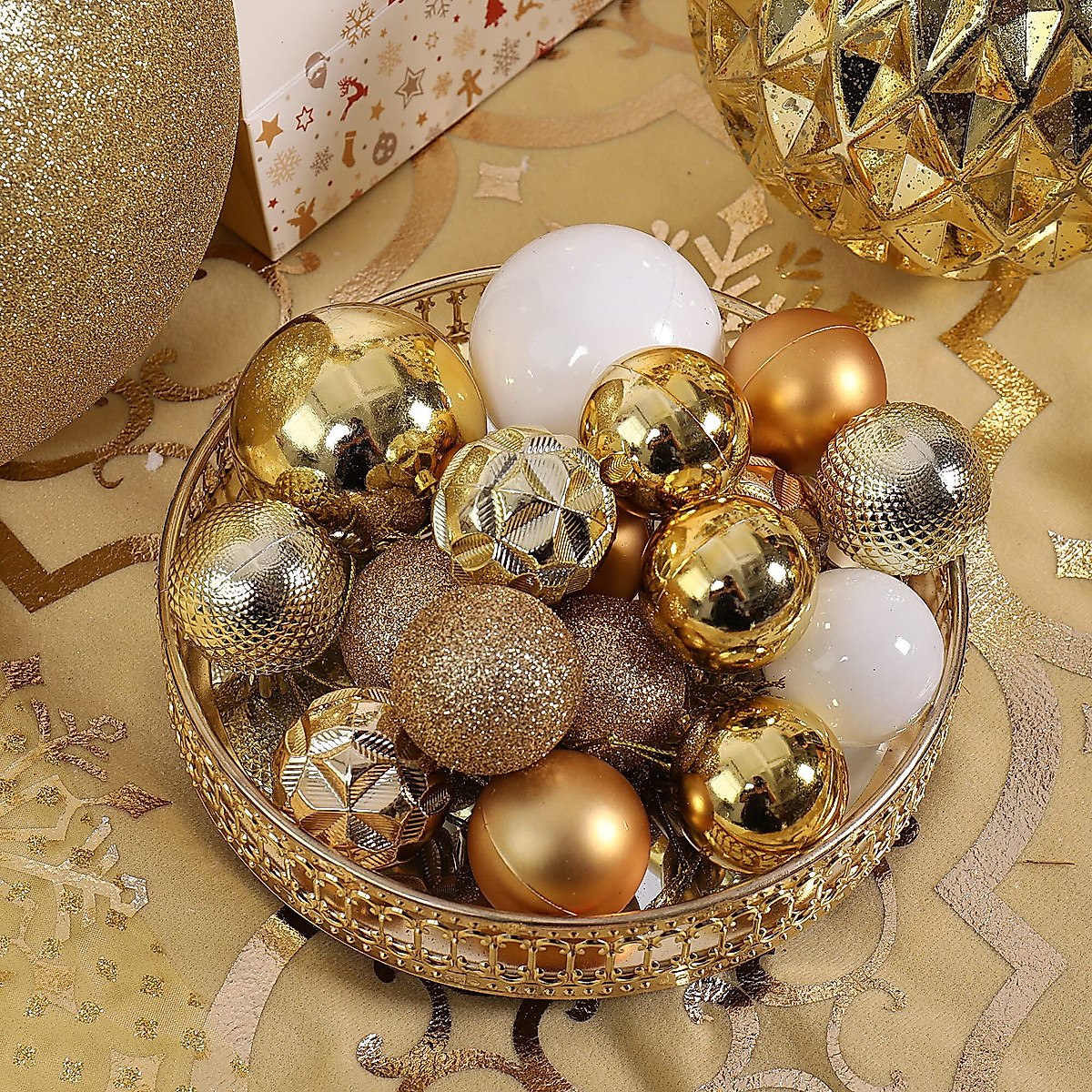 ISULIFE 87ct Christmas Ball Ornaments Set Shatterproof Seasonal Hanging Decorations with Reusable Hand-held Gift Package for Xmas Tree Holiday Party and Home Decor, Gold