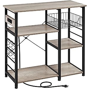 Yaheetech Baker's Rack with Power Outlet, 4-Tier Coffee Bar Station Microwave Stand with Wire Basket and 6 S-Shaped Hooks, Durable Kitchen Storage Shelf Ample Cart, Gray