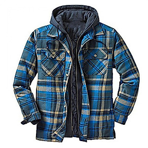 Mens Warm Hooded Flannel Shirts Padded Jackets, CLD Zip Up Heavyweight Thermal Lined Button Down Varsity Jackets S-5XL
