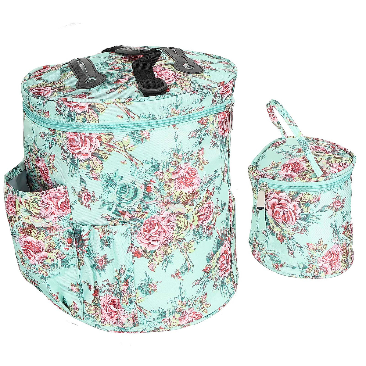 2Pcs Portable Woolen Yarn Storage Bag Knitting Bag, Yarn Storage Round Tote Bag, 600D Oxford Cloth Printing Multi-Pocket Hand Strap(Green Peony)