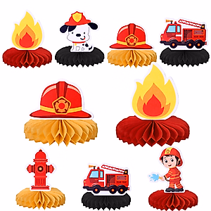 6 PCS Firetruck Honeycomb Table Centerpiece Fire Truck Fireman Table Toppers Centerpieces Decro for Fire Department Engine Rescue Theme Baby Shower Birthday Party Table Decorations Supplies