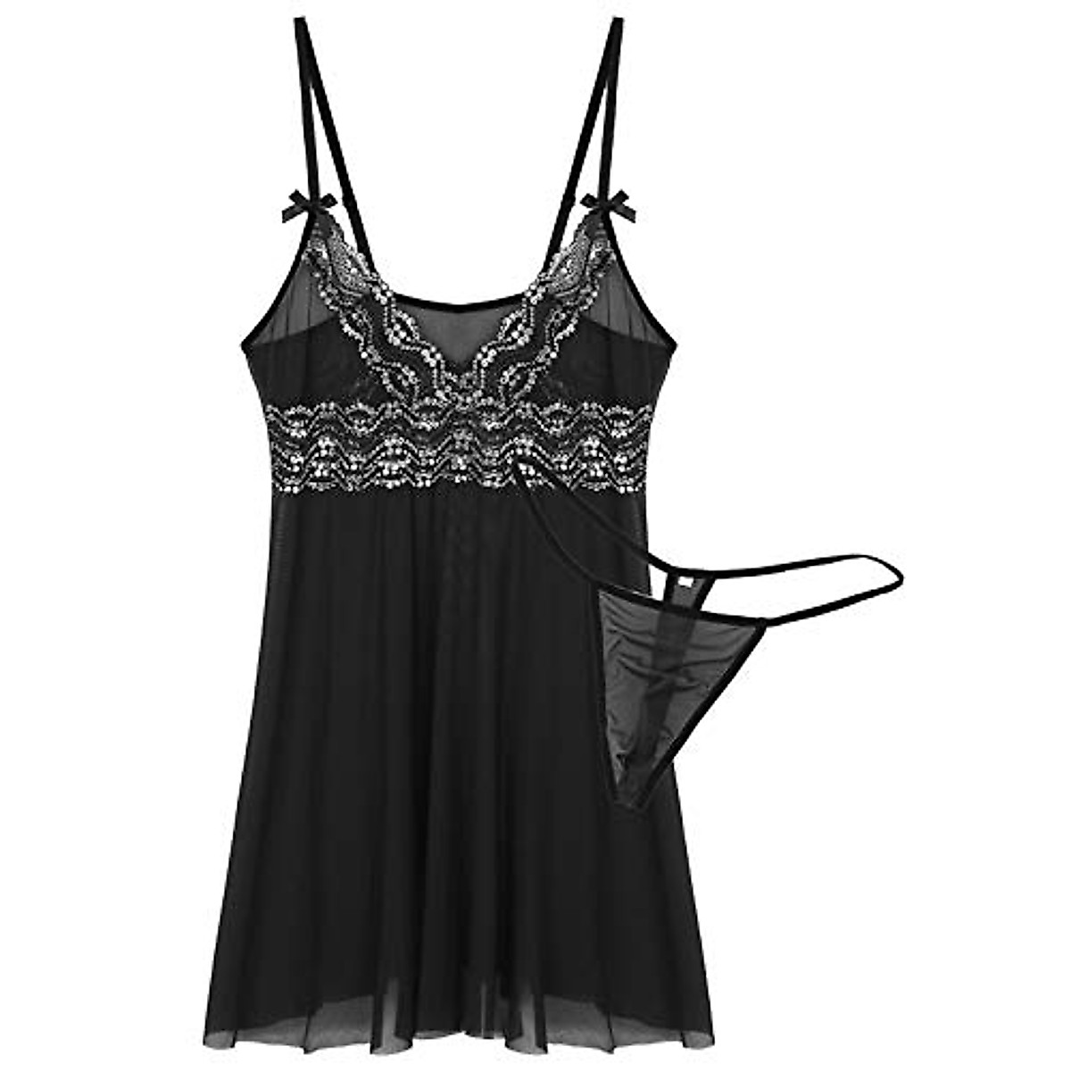 MSemis Sissy Babydoll Lingerie Nightie Dress Men Lace Sheer Tank Nightgown Crossress Nightdress Nightshirt Black X-Large
