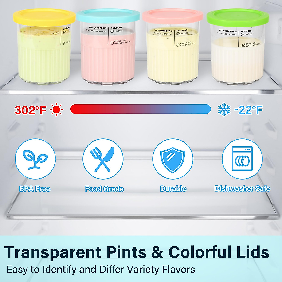 24 oz. Replacement 4 pack Creami Pints for Ninja NC500 NC501 Series Creamy Icecream Containers Cups lids Compatible with NC501 NC500 Ice Cream Maker