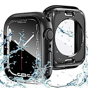 Goton 2 in 1 Waterproof Case for Apple Watch Series 8 & Series 7 45mm Screen Protector, 360 Protective Glass Face Cover Hard PC Bumper + Back Frame for iWatch 8/7 Accessories 45 mm, Black