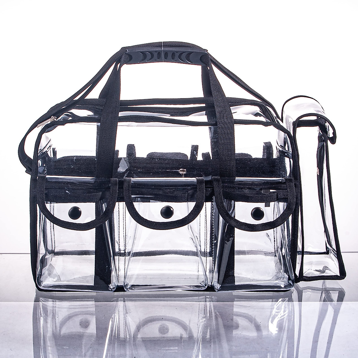 Wide Open Large Professional Clear PVC Travel Makeup Artist Set Bag Cosmetic Nails Beauty Bag Transparent Vinyl Tool Organizer Work Bag Beach Bag Diaper Bag with 6 External Pockets & Strap (Black)