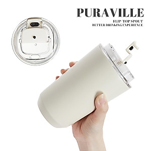 Puraville Insulated Tumblers with Lid, 14 oz Travel Coffee Mug Stainless Steel Vacuum Thermos Cup, 10/14 oz Leak Proof Reusable Double Walled Coffee Tumbler for Iced and Hot Drinks,Cream
