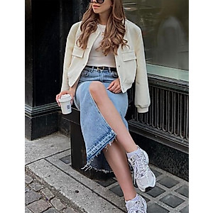 Lumister Women's Fashion Cropped Button Down Lightweight Cropped Bomber Jacket Varsity Shacket with Side Pockets(0605-Beige-M)