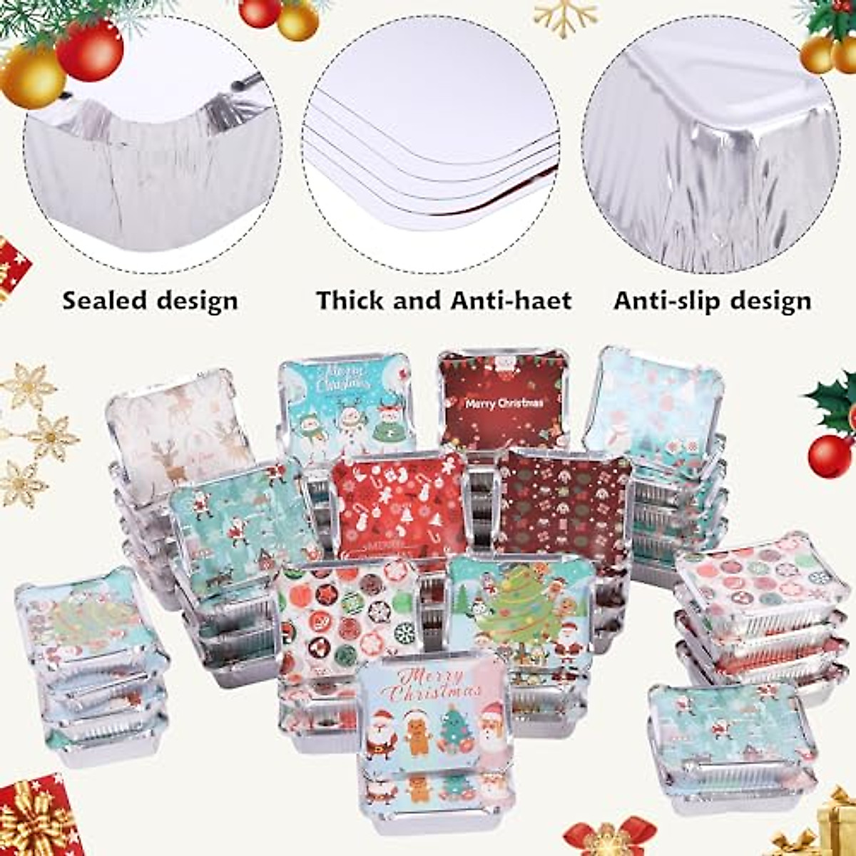 SAITI 50 PCS Christmas Cookie Tins with Lids for Gift Giving, Foil Treat Containers Disposable Food Storage Pan Aluminium Foil Containers for Holiday Leftovers Goodie Container or Cookie Exchange