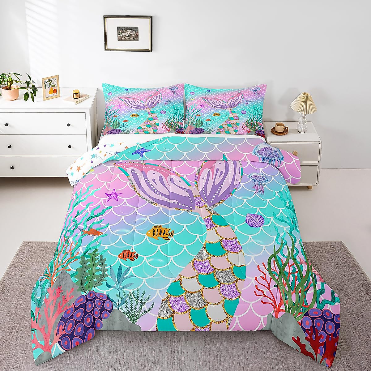 Erosebridal Twin Comforter Set for Girls, Mermaid Twin Bedding Sets for Girls Kids Toddler Ocean Fish Scales Quilt Rainbow Bedding Coastal Nautical Sea Animal Duvet Insert Teal Pastel Pink Room Decor
