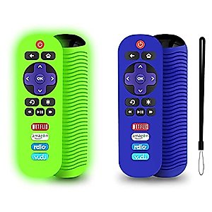 2 Pack Silicone Case for TCL Roku TV RC280 Remote, Protective Universal Replacement Lightweight Shockproof TCL Roku TV Remote Cover with Lanyard (Blue+ Glowing Green)