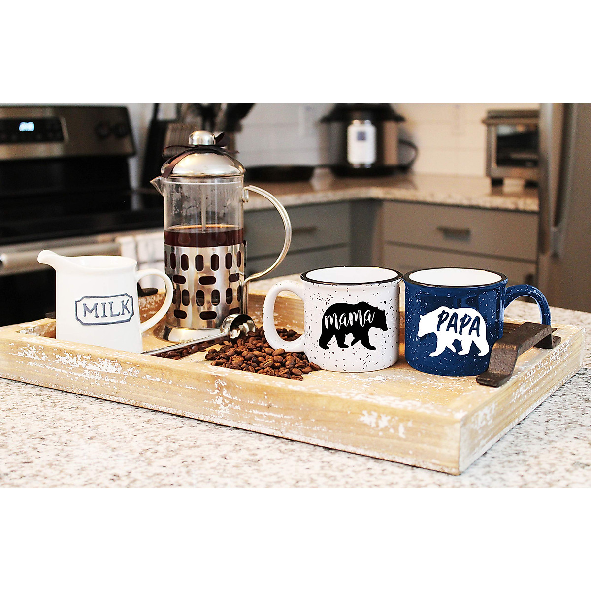 Mama Bear Mug & Papa Bear Mug - 13oz Ceramic Campfire Coffee Mug Set - Pregnancy Announcement New Parents Couples Gifts - Gift Ideas For Expecting Parents (White/Black)