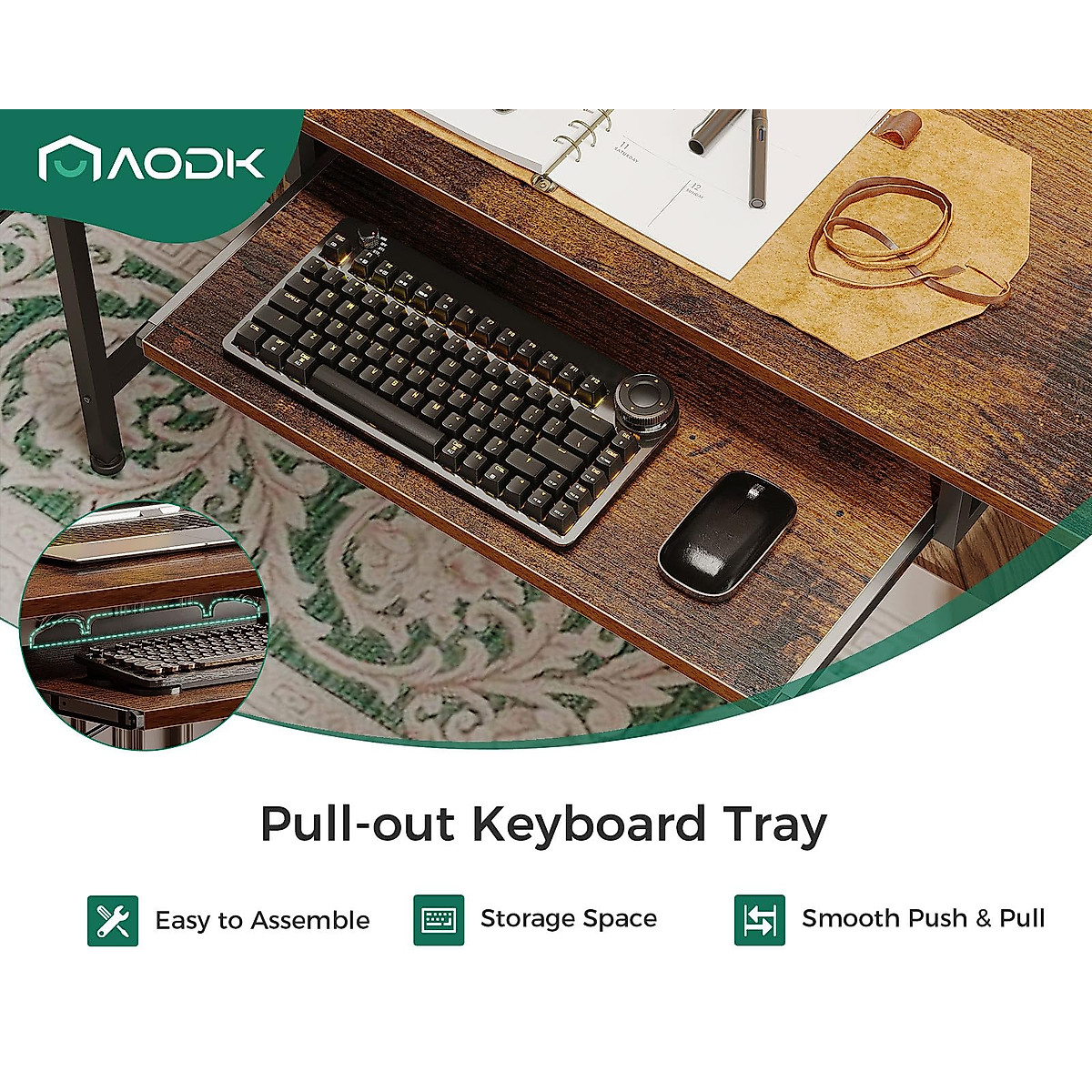 AODK 63-Inch Computer Desk with Power Outlet & LED Light, Reversible Office Desk with File Cabinet and Drawer, Gaming Desk with Keyboard Tray, Study Table with Full Monitor Riser and PC Stand, Vintage