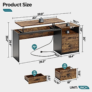 Bestier 60 inch Home Office Desk with Power Outlets, Computer Desk with Drawers, Reversible Desk with File Drawer, Adjustable Height Desk with Storage for Home Office, Brown