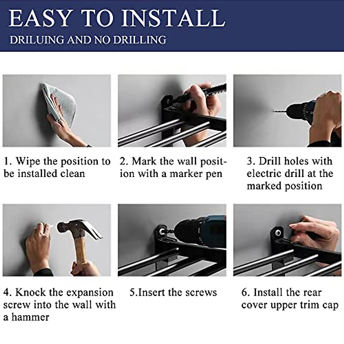 WKZZTCGD Black Bathroom Towel Rack,Stainless Steel Towel Holder with Hooks,Wall Mounted Foldable Double-Deck Shelf Bars