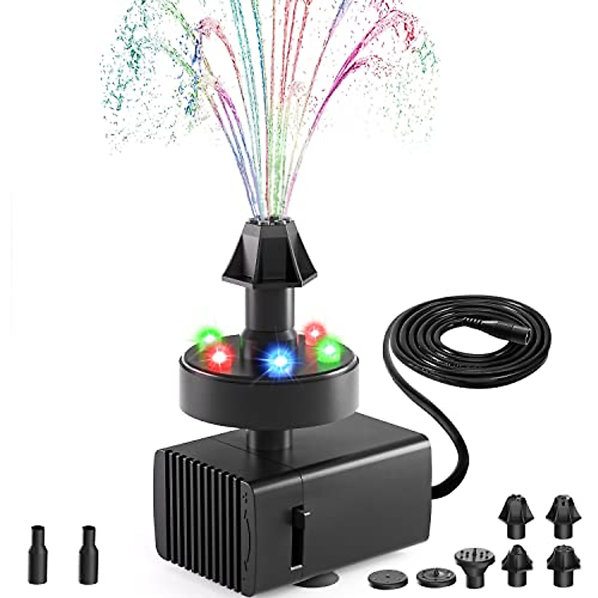 SZMP Bird Bath Fountains, Upgraded 24-Hours Working Bird Bath Fountain Pump with Lights & 7 Nozzle, 16.4Ft Power Cord & Adapter, Adjustable Water Pump for Garden, Pond, Fish Tank, Outdoor (Colorful)