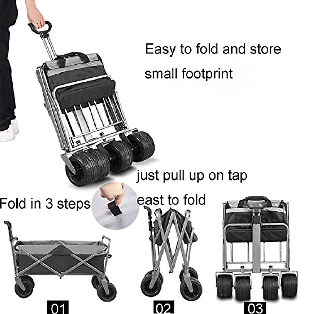 Outdoor Collapsible Wagon Portable Beach Cart,Adjustable Rolling Carts with Big Wheels/Two Chairs/Desktop,for Beach, Shopping (Black) (White)