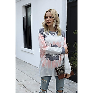 Famulily Women Tie Dye Long Sleeve Tshirt Crewneck T Shirts Long Sleeve Tops Summer Clothing(Grey,M)