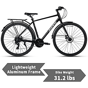AVASTA Uranus 700C Road Hybrid Bike - Lightweight Aluminum Alloy Frame with 24-Speed Gearing for City Commuting - Rear Cargo Rack, Dual Disc Brakes, and 17 inch Frame - Black Design for Men Woman