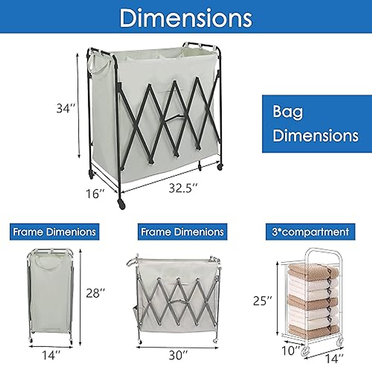 Vilobos Folding 3 Sections Laundry Cart Sorter, Laundry Hamper with Heavy Duty Lockable Wheels, Laundry Basket Organizer Rolling Laundry Basket, Grey