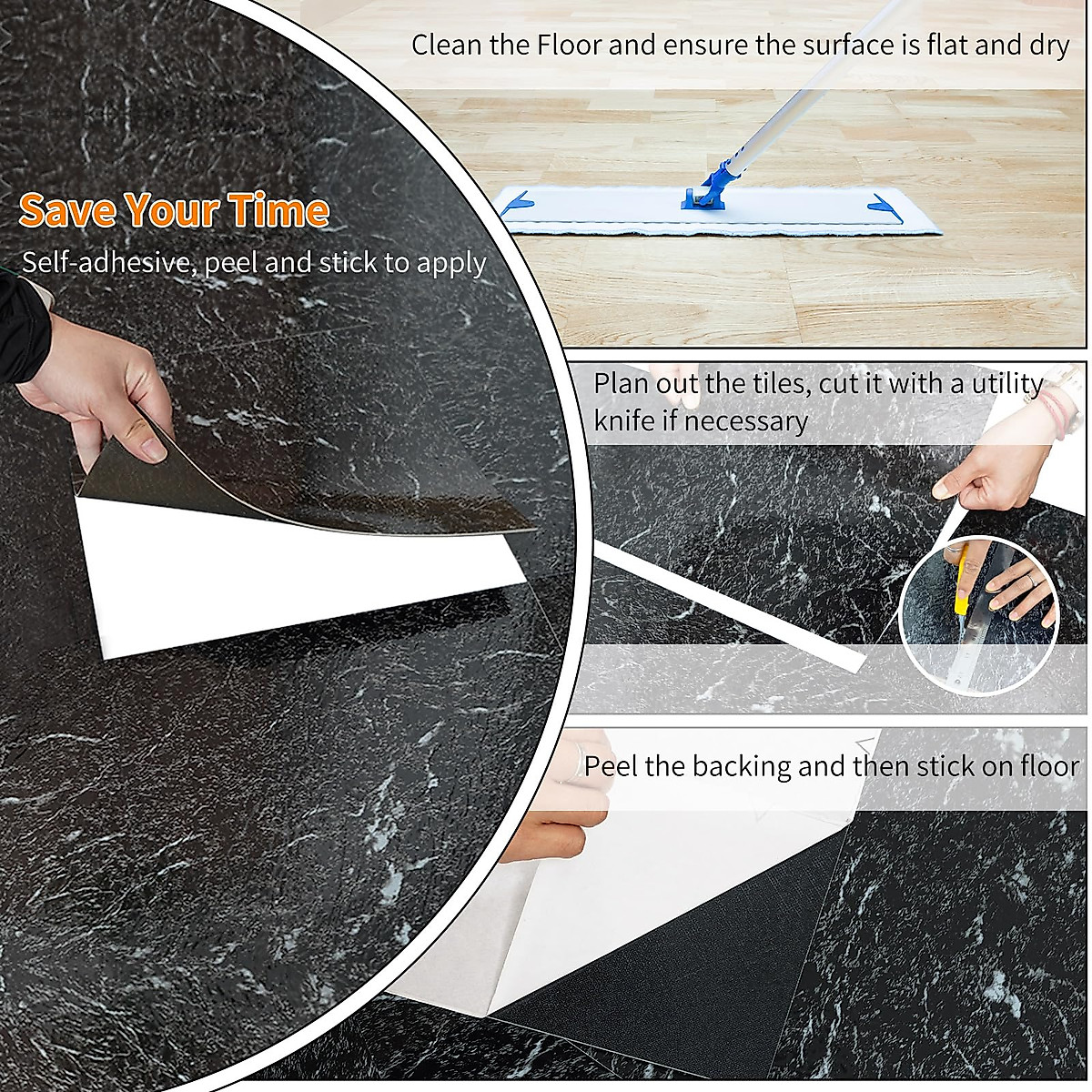 Mysflosy Peel and Stick Floor Tiles, Self Adhesive Waterproof Vinyl Flooring, 12''x12'' Dark Jade Black DIY Floor Sticker for Kitchen, Bathrooms & Bedroom, 1.5mm Thickness, 20 Tiles