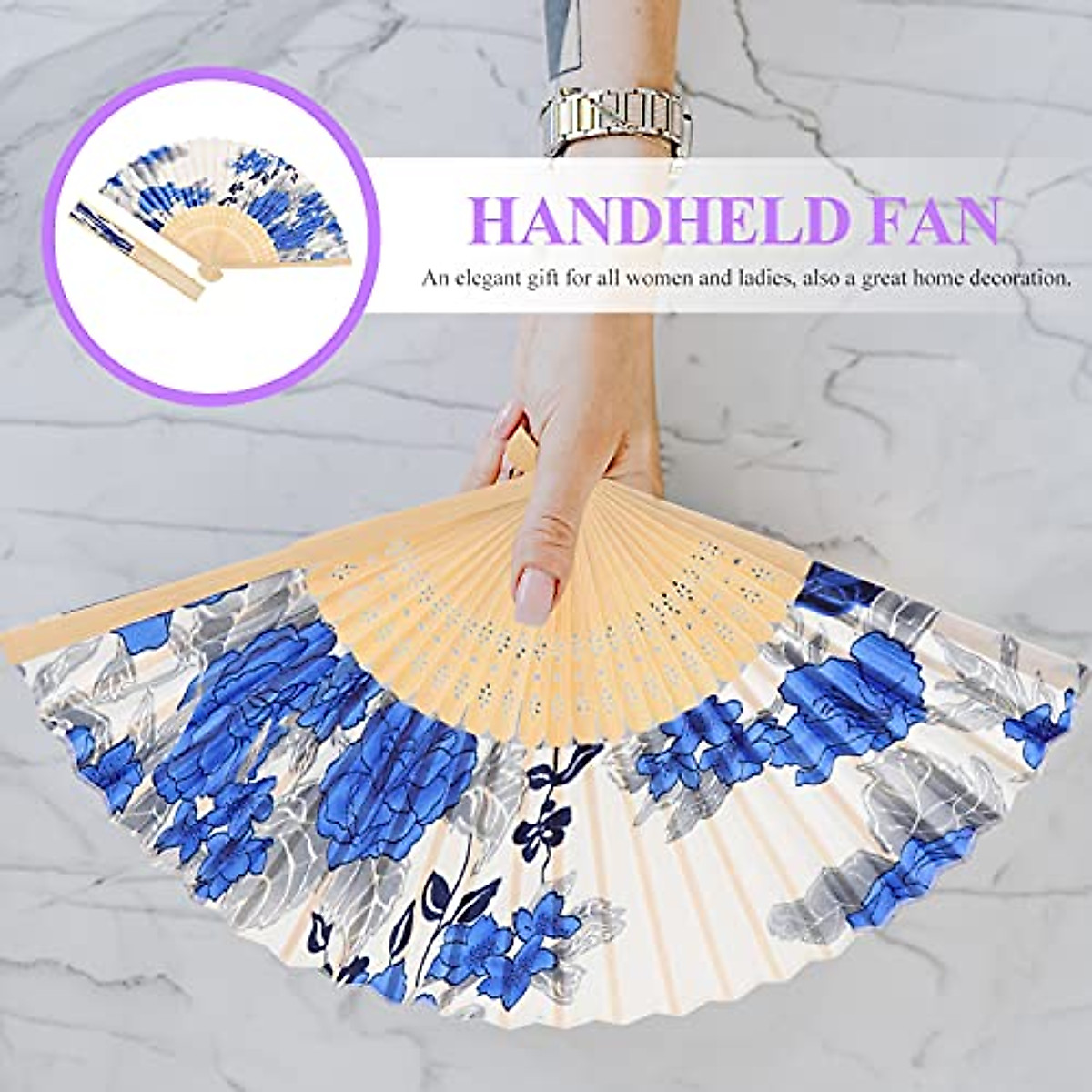 RAZZUM 2 Pcs Floral Folding Hand Fan Chinese Vintage Retro Silk Handheld Fans with Frames for Wedding Dancing Church Party Gifts As Shown Fan