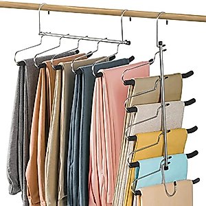 Pants Hangers Space Saving,5 Layers Pants Hangers with Non-Slip Foam Padded Swing Arm Trousers Hangers Heavy Duty Multi-Layer Pants Hangers Rack for Jeans Trousers Skirts Scarf(2 Pack)