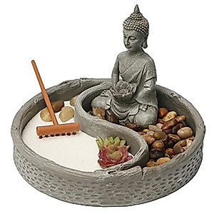 Nature's Mark Mini Zen Garden Kit for Desk with Lotus, Buddha Figures, Rake and Natural Sand River Rocks Table/Desk Décor Gift Set for Home and Office 6 x 6 Inches Round Base