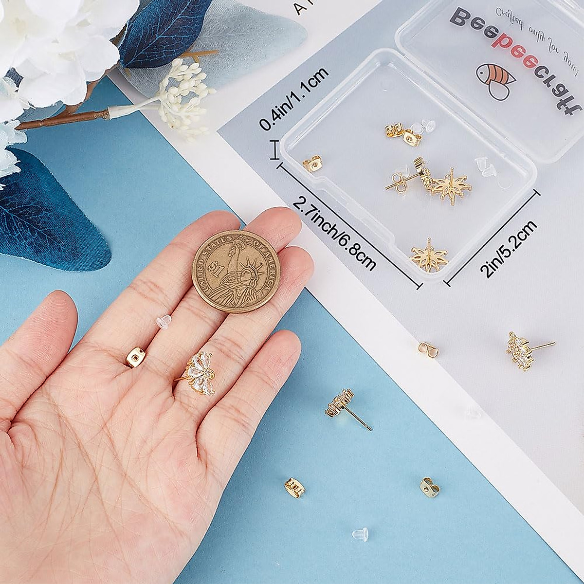 Beebeecraft 4 Pairs 4 Styles Cubic Zirconia Earring Findings Flower Diamond Stud Posts with Loop and 8Pcs Butterfly Earring Backs for DIY Earring Jewelry Making