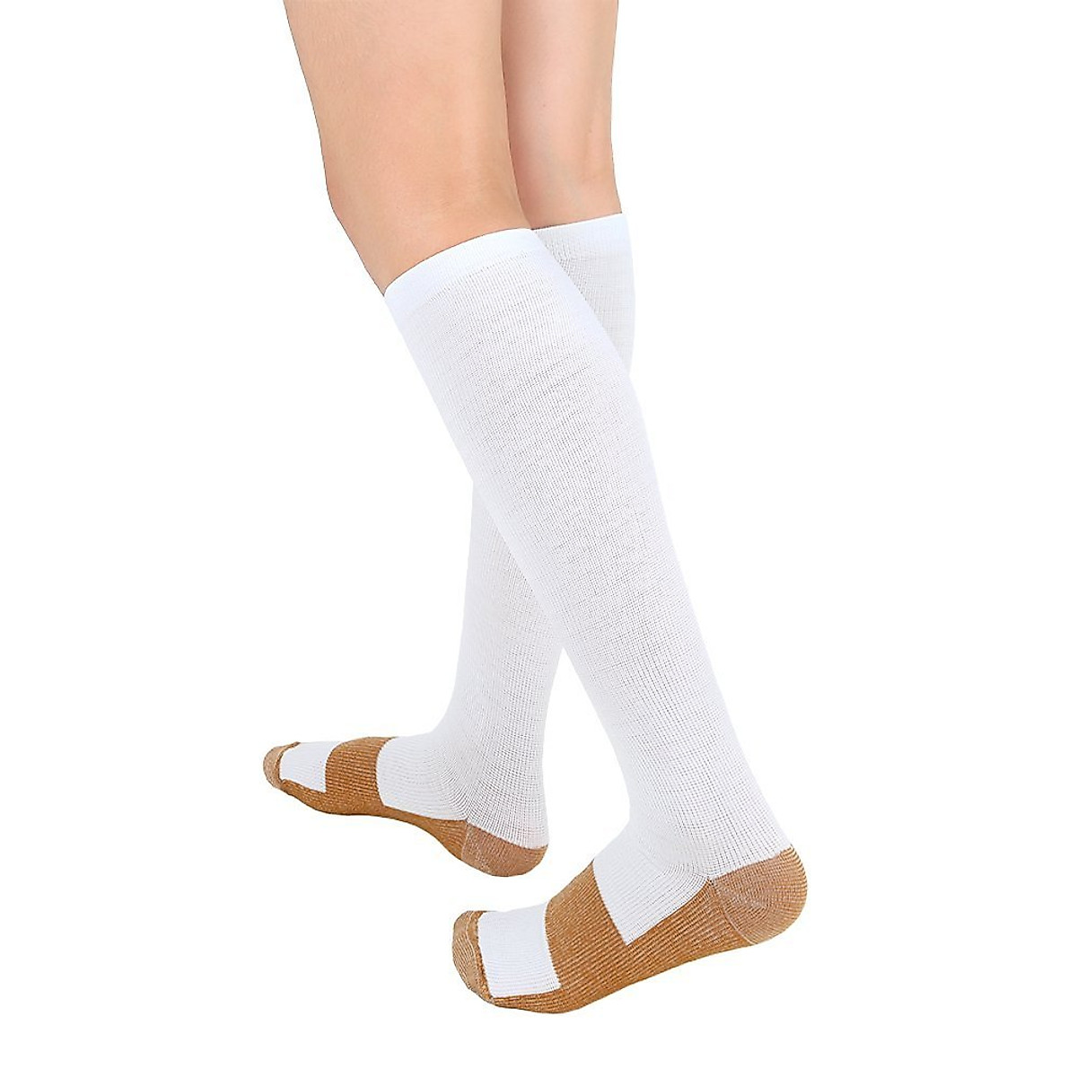 CompressionXSportz Compression Copper Socks For Men and Women 15-20mmhg Over The Calf Below Knee High for Sports, Medical, Nurses, Athletes, Travel, Pregnancy, etc (Copper/White, 1 Pr, Sm/Med)