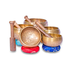 Tibetan Singing Bowl Set of 5, Authentic 7 metals Meditation Sound Bowl for Yoga, Chakra healing, Deep Relaxation, Stress Relief and Mindfulness, Handmade in Nepal, comes w/ silk cushions and 5 sticks
