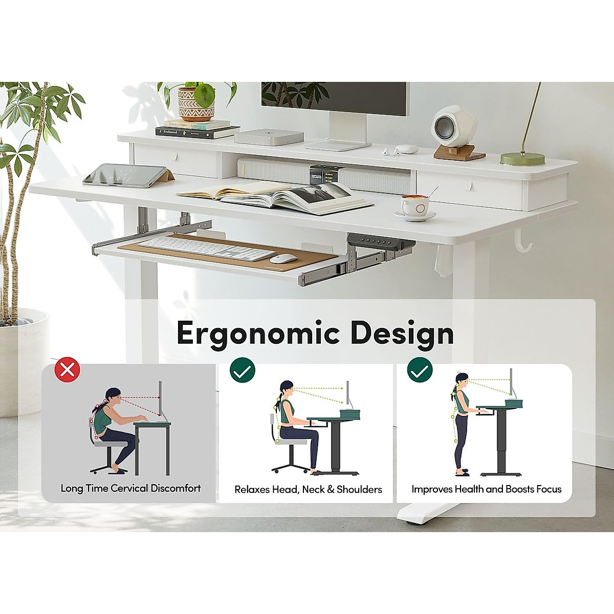FEZIBO Standing Desk with Drawers, Adjustable Height Desk with Keyboard Tray, Stand Up Desk with Storage Shelf, 48 x 24 Inchs, White Top